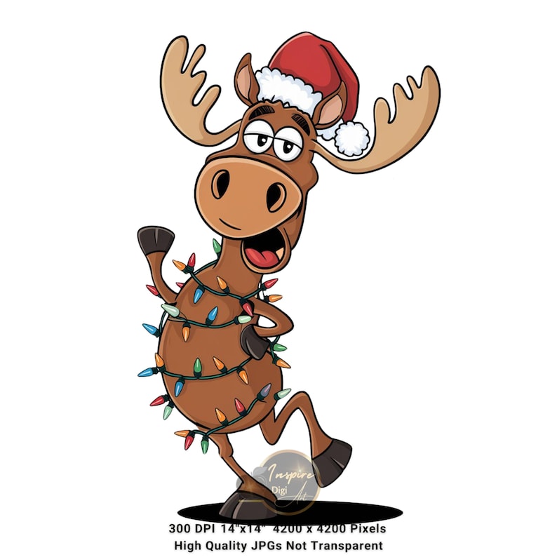 Moose Christmas Clipart, Moose Tangled in Christmas Lights, Funny Moose ...