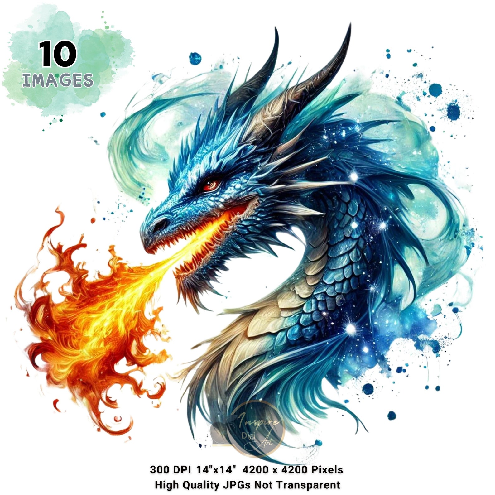 Mystical Fire Dragon Clipart, Fantasy Fire Dragons Watercolor Clipart ...