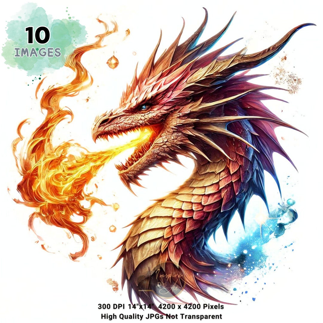 Fantasy Fire Dragons Watercolor Clipart, Magical Mystical Dragon ...