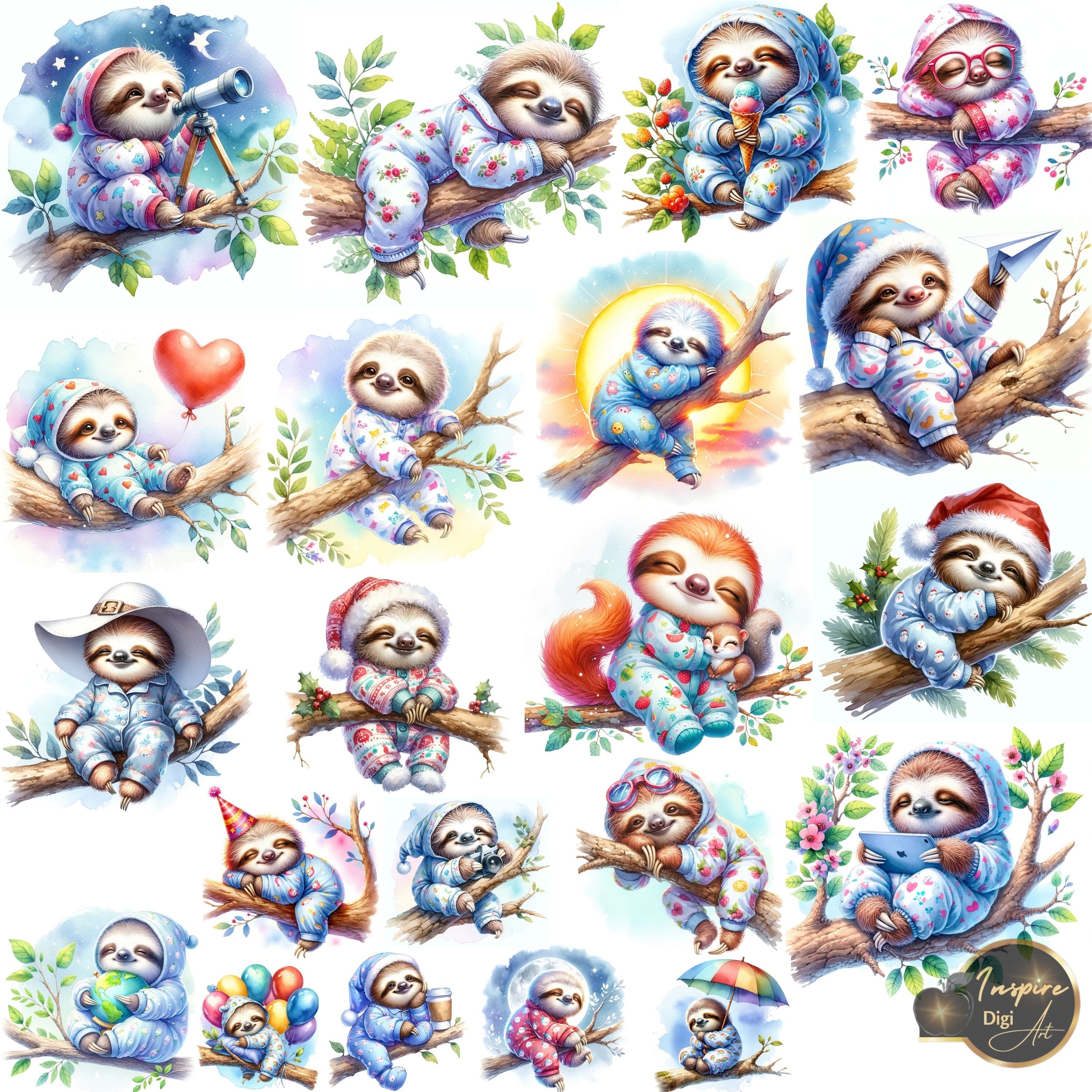 Adorable Baby Sloth in Pajamas, Clipart Bundle, Watercolor Sloth ...