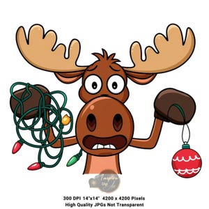 Moose Christmas Clipart, Moose Tangled in Christmas Lights, Funny Moose ...