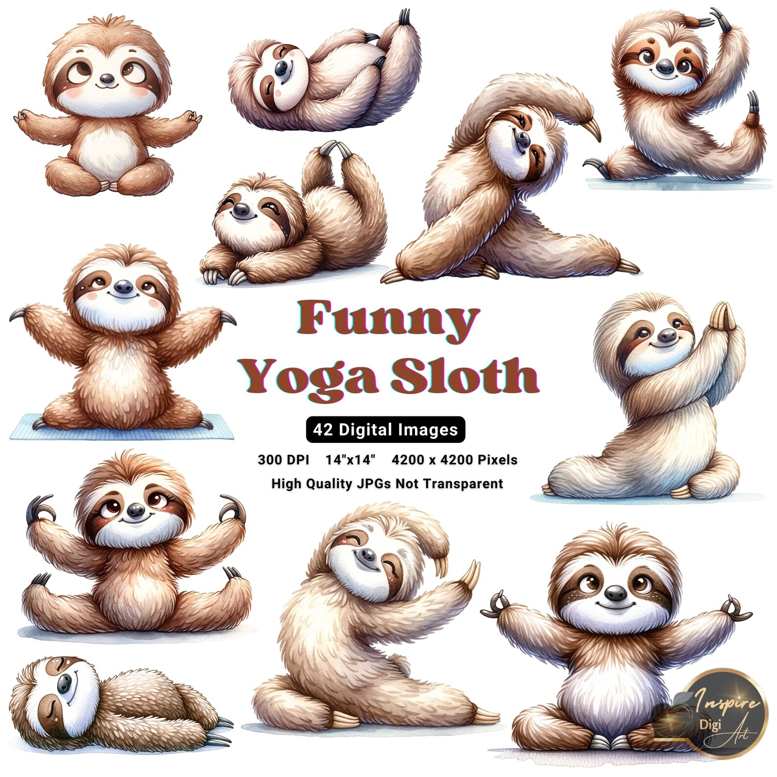 Funny Sloth, Watercolor Sloth Clipart, Yoga Sloth Poses, Animal Yoga ...