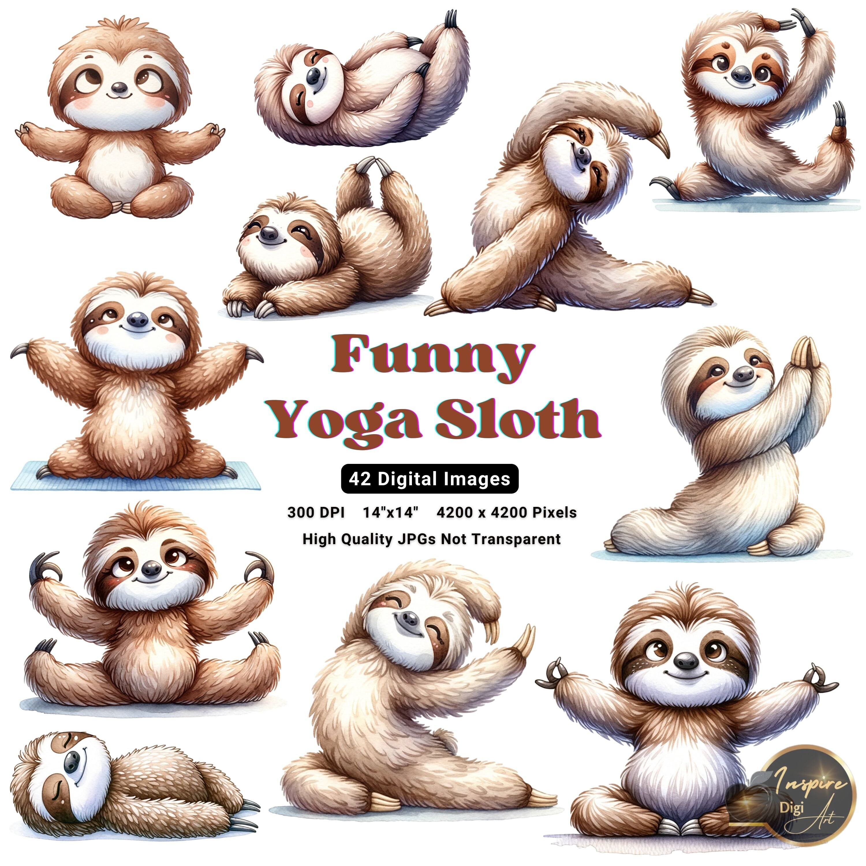 Funny Sloth, Watercolor Sloth Clipart, Yoga Sloth Poses, Animal Yoga ...