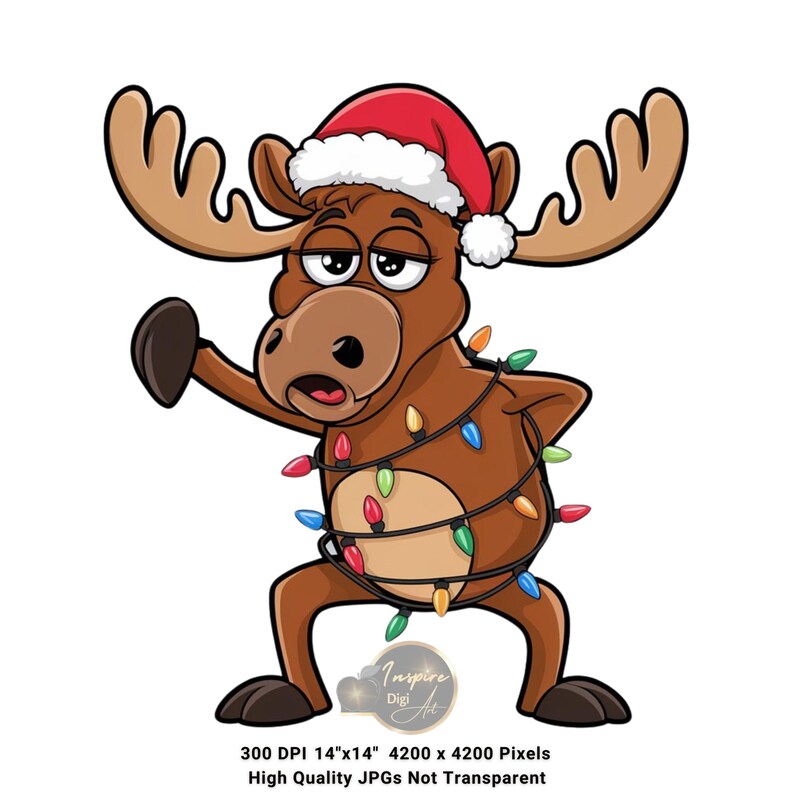 Moose Christmas Clipart, Moose Tangled in Christmas Lights, Funny Moose ...