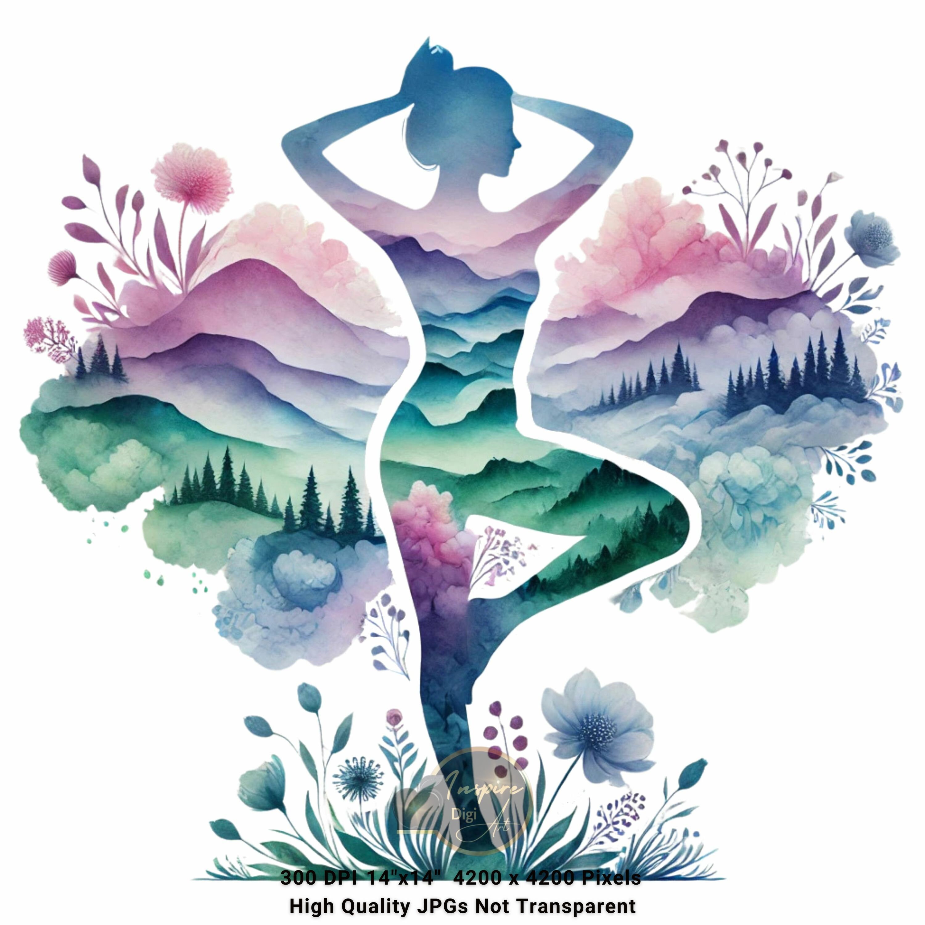 Serene Yoga Silhouette Clipart With Scenic Watercolor Landscapes ...