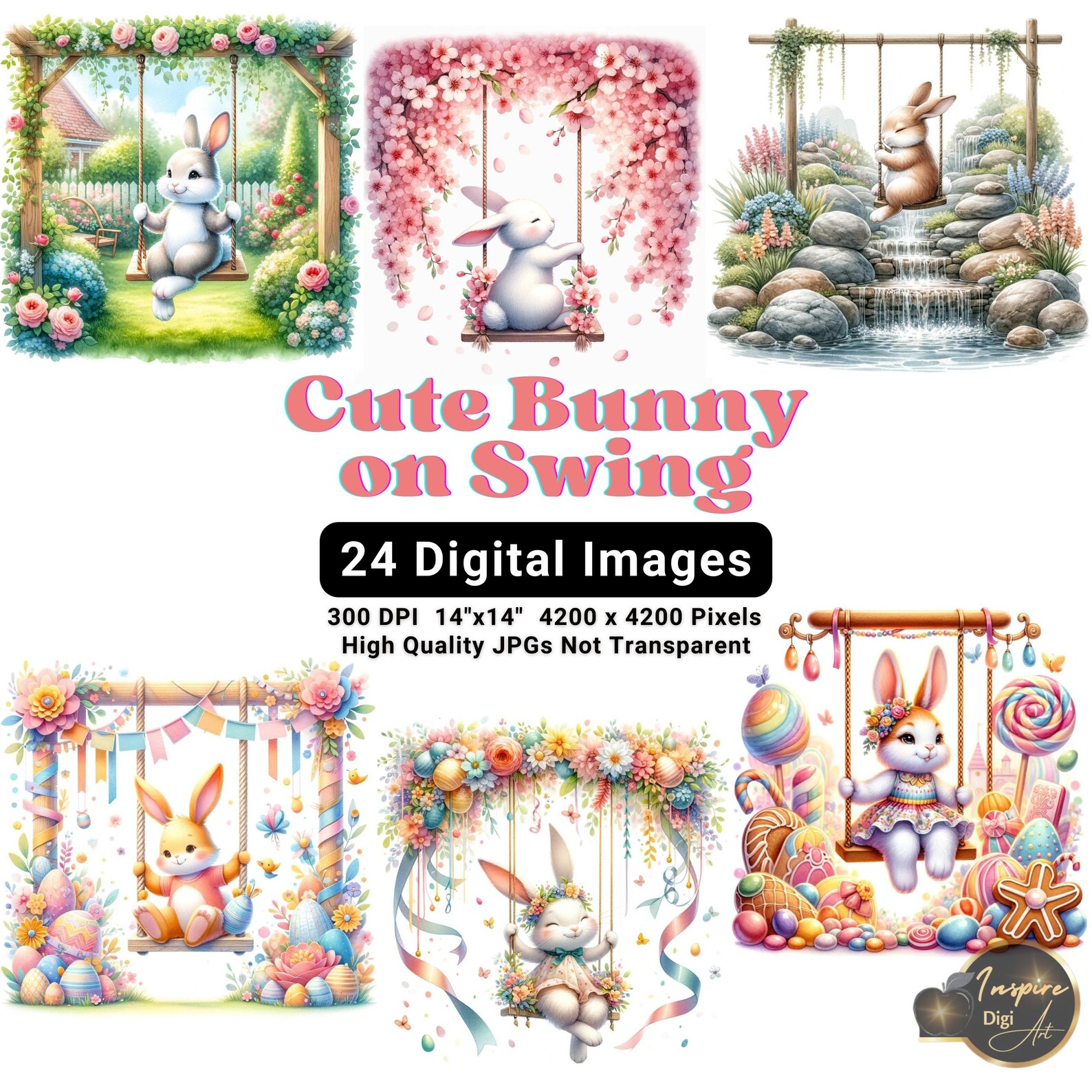 Cute Bunny on Swing Watercolor Clipart, Cute Bunny on Swing Digital ...