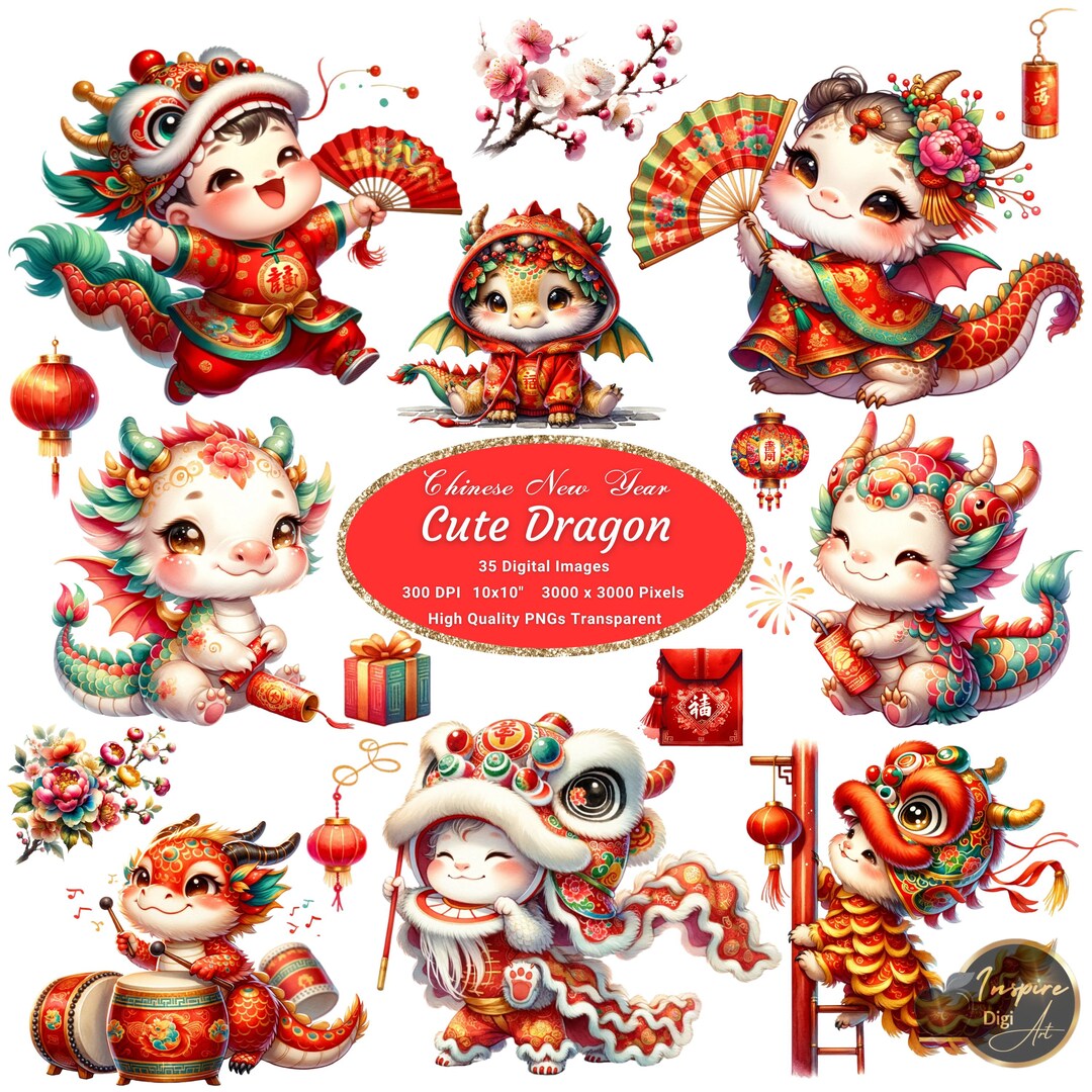 Cute Dragon Clipart, Chinese New Year Watercolor Clipart, Dragon ...