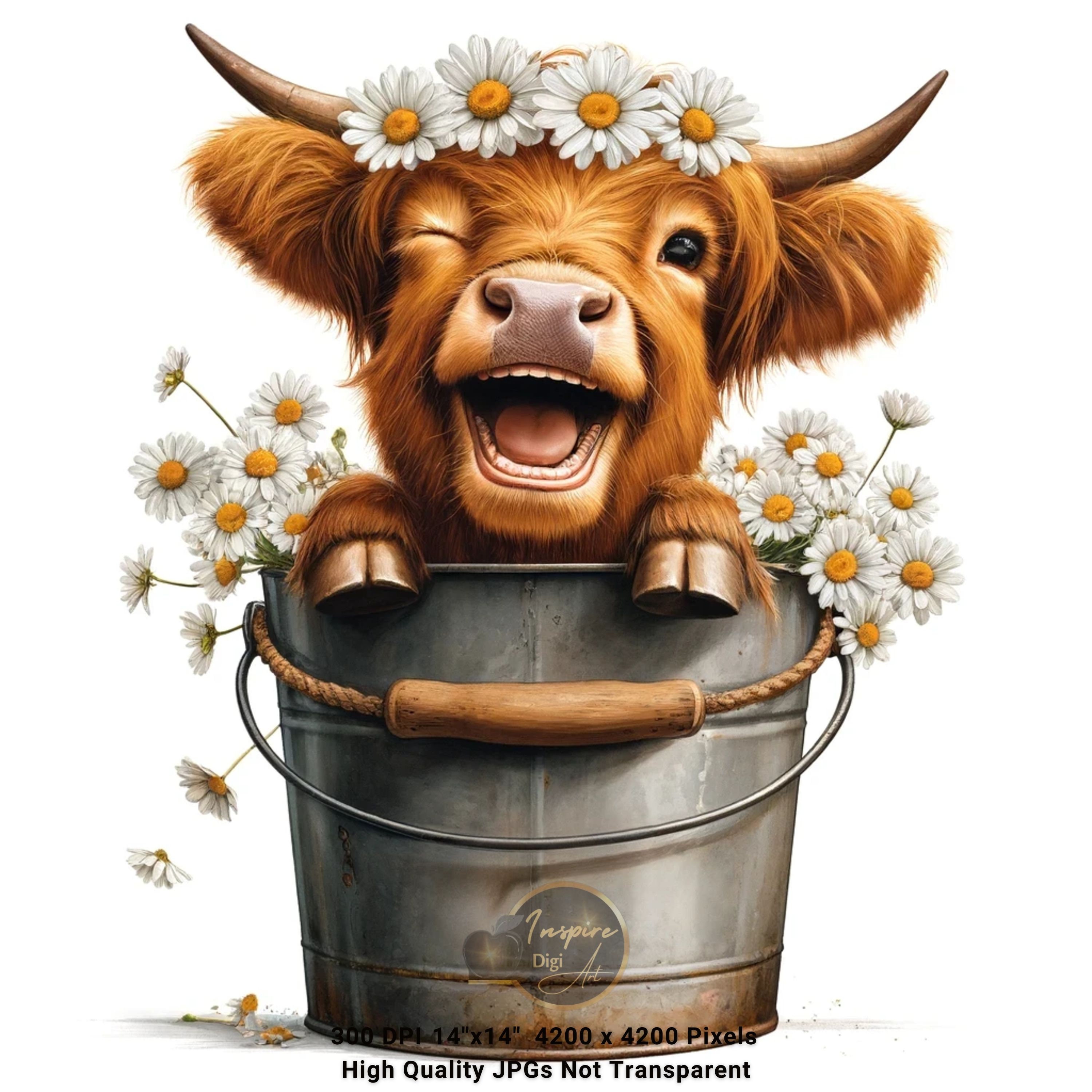 Highland Cow Bucket, Funny Highland Cow Clipart, Watercolor Whimsical ...