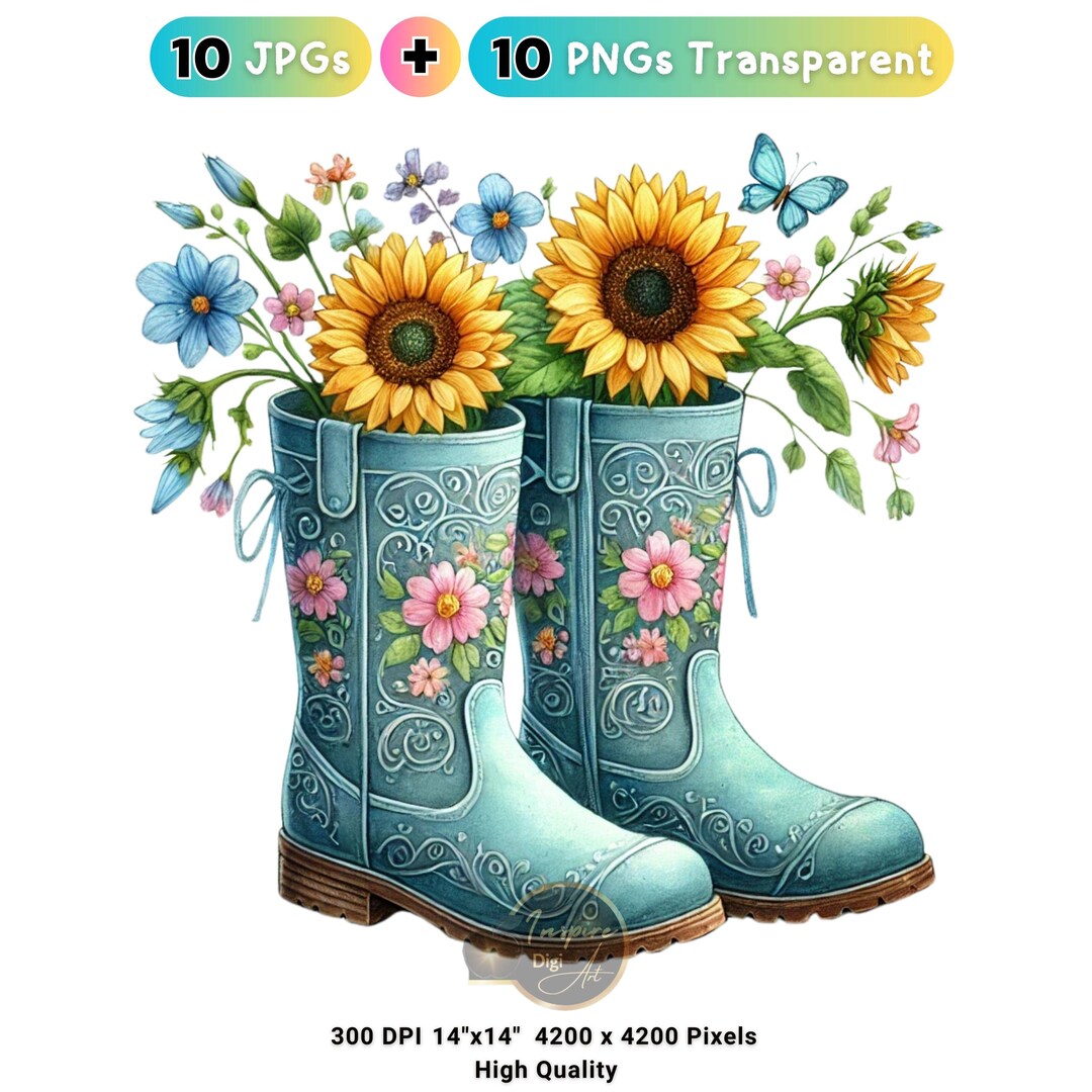 Floral Rain Boots Clipart, Garden Boots Clipart, Hello Spring Clipart ...