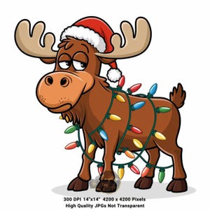 Moose Christmas Clipart, Moose Tangled in Christmas Lights, Funny Moose ...