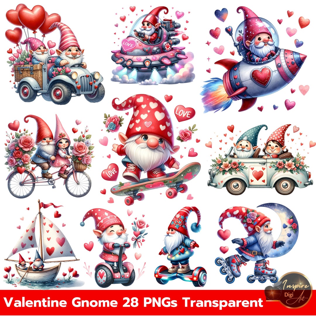 Gnome Vehicle Valentine, Watercolor Gnome Valentine Day, Gnome Couple ...