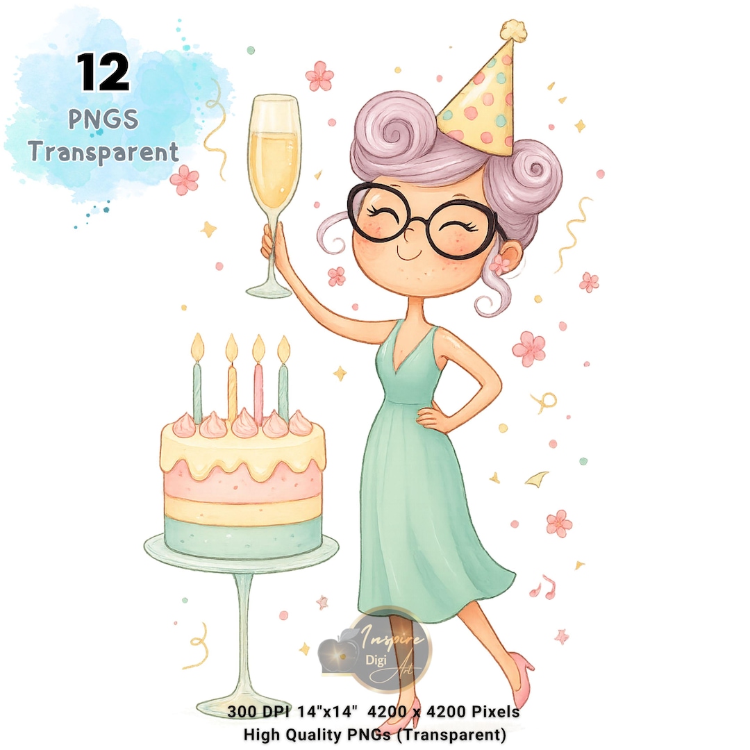 Pastel Birthday Girl Clipart: Watercolor PNG Illustrations (digital ...