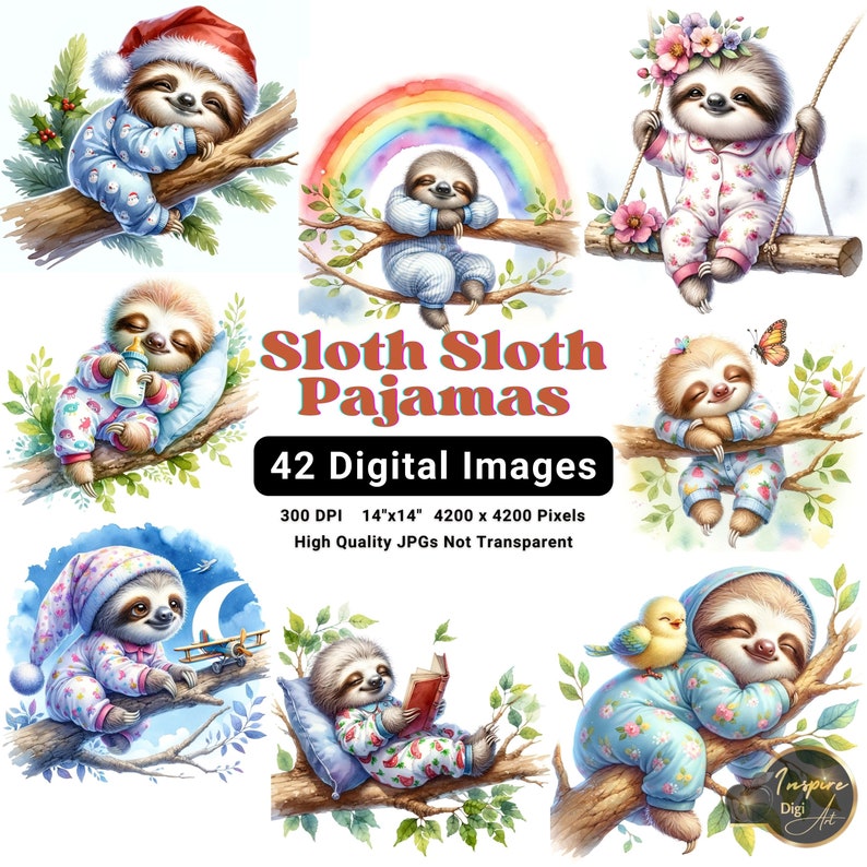 Adorable Baby Sloth in Pajamas, Clipart Bundle, Watercolor Sloth ...