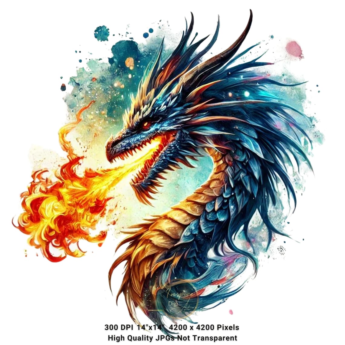 Mystical Fire Dragon Clipart, Fantasy Fire Dragons Watercolor Clipart ...