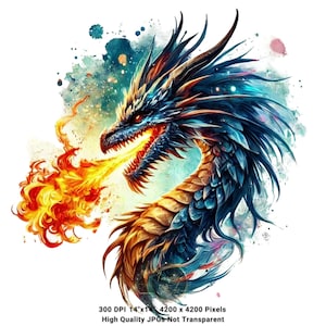 Mystical Fire Dragon Clipart, Fantasy Fire Dragons Watercolor Clipart ...