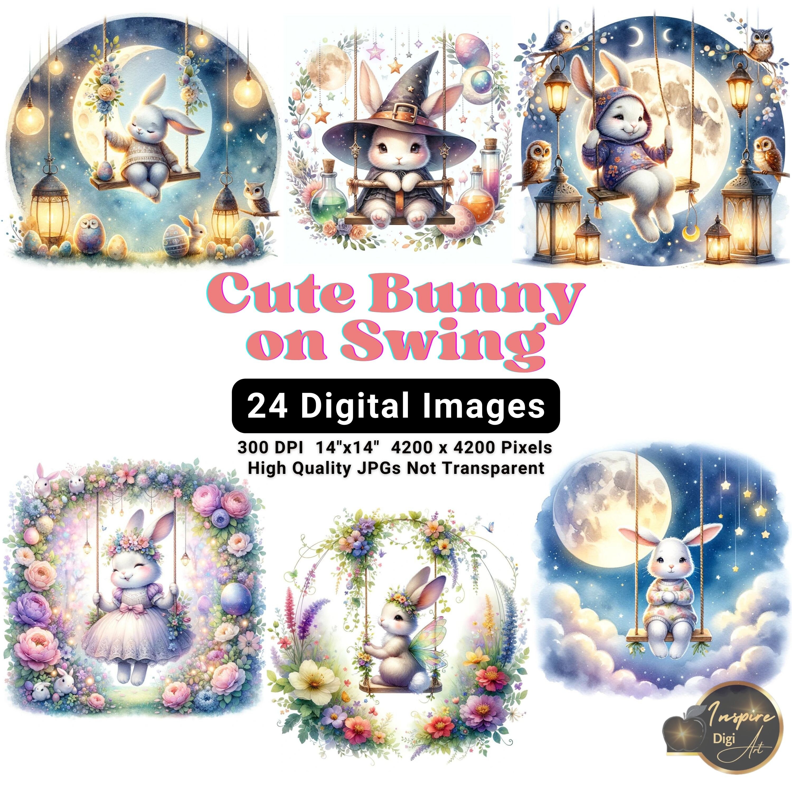 Cute Bunny on Swing Watercolor Clipart, Cute Bunny on Swing Digital ...