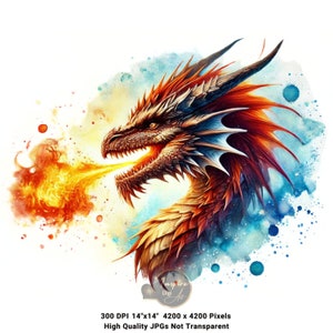 Mystical Fire Dragon Clipart, Fantasy Fire Dragons Watercolor Clipart ...