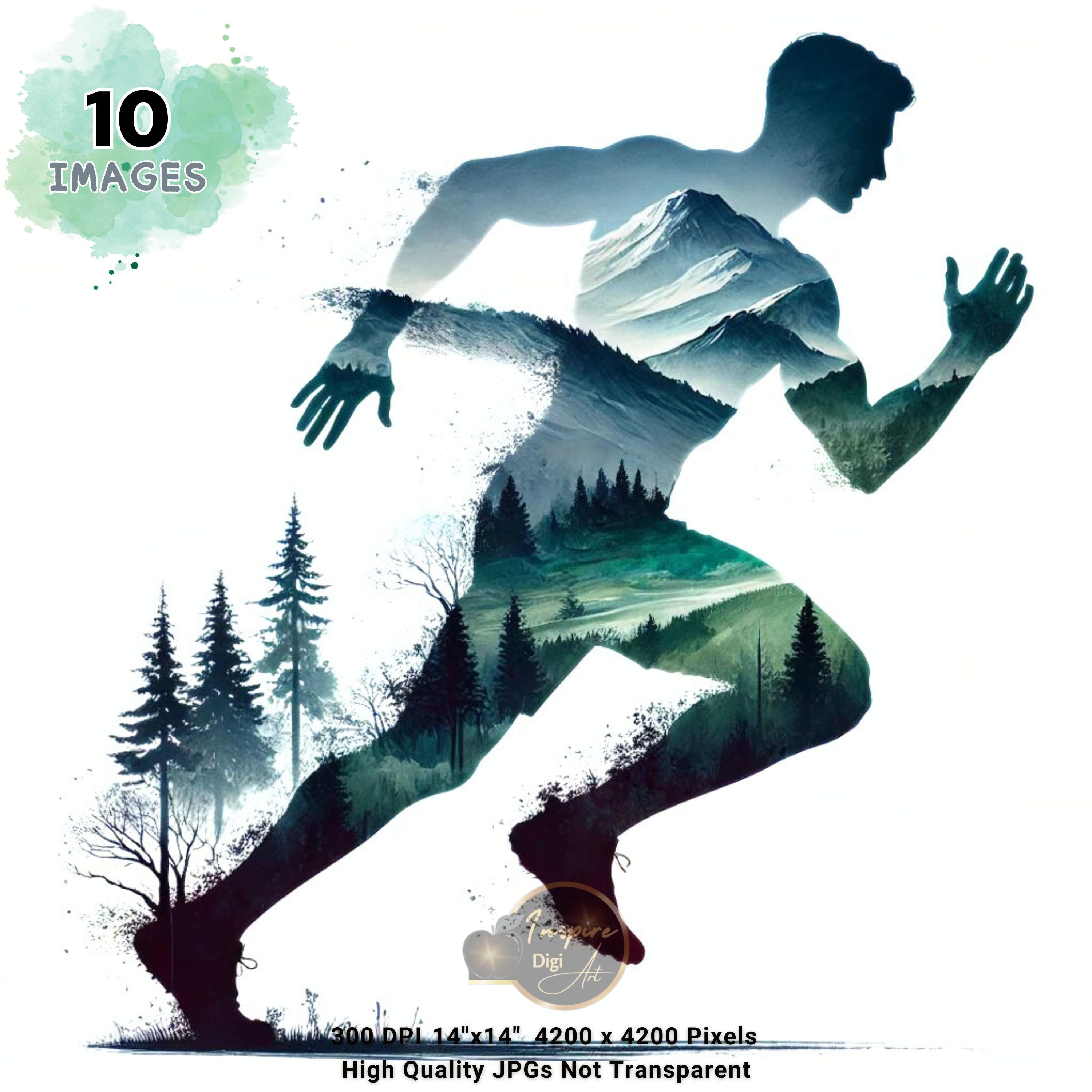Running Man Clipart, Male Runner Silhouette, Watercolor Landscape Art ...