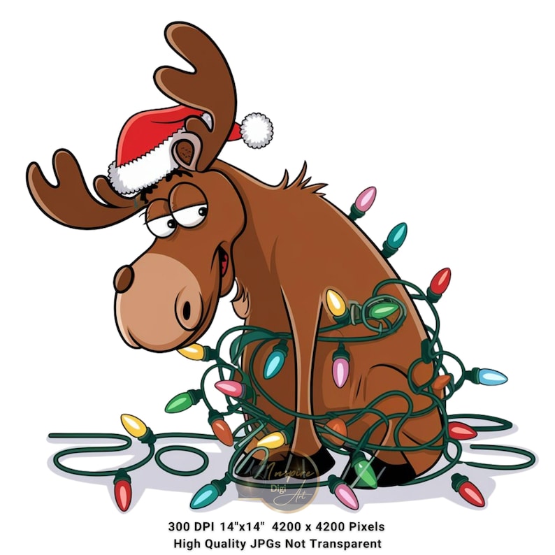 Moose Christmas Clipart, Moose Tangled in Christmas Lights, Funny Moose ...