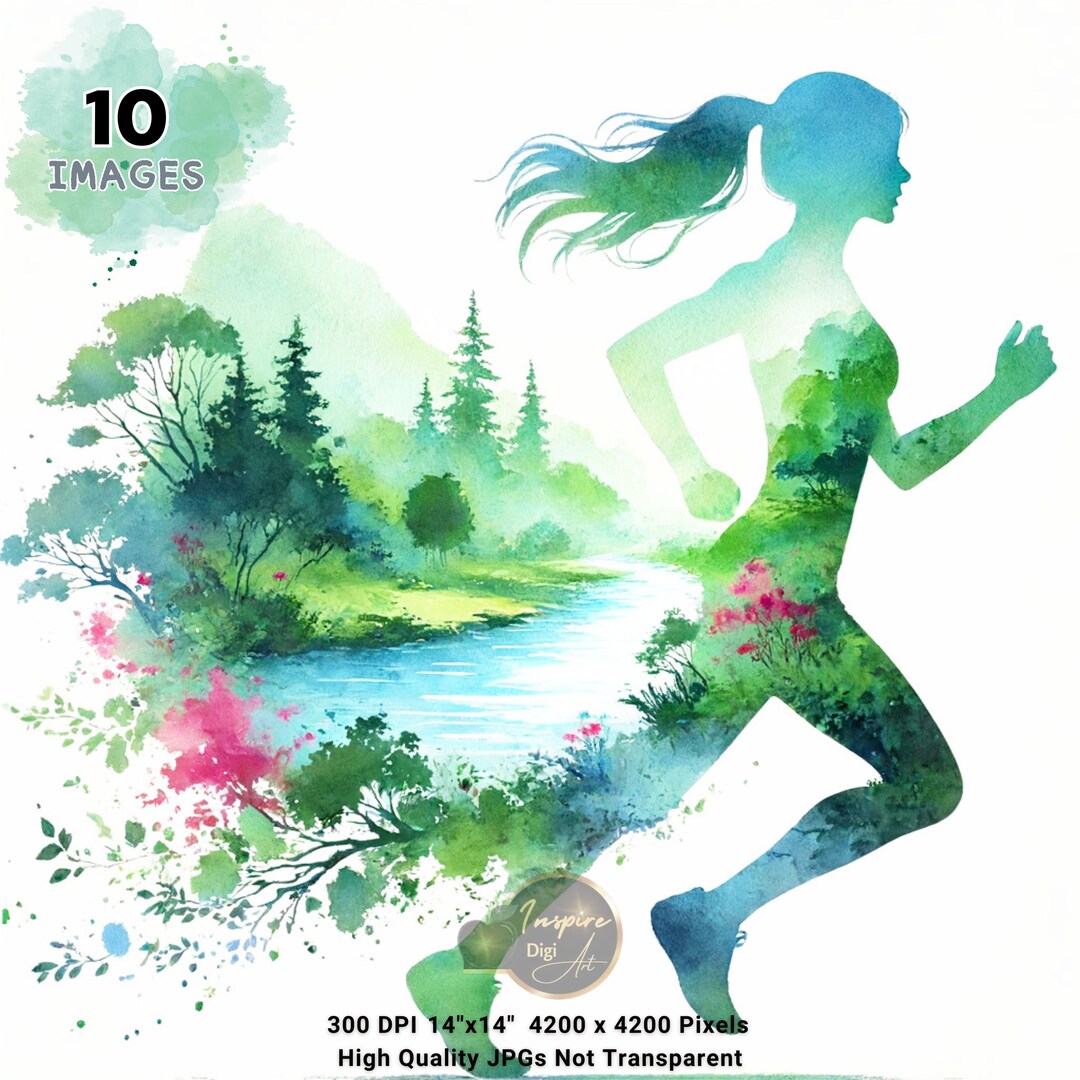 Silhouette Woman Running Clipart, Woman Runner Clipart, Watercolor ...