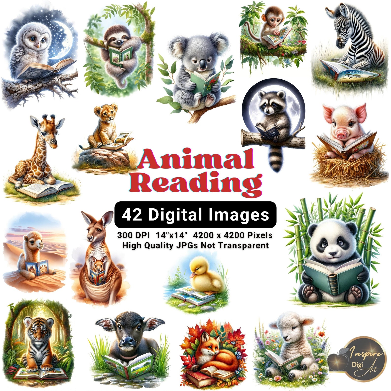 Animal Reading Clipart, Bookworm Clipart, Animals Reading Books, Baby ...
