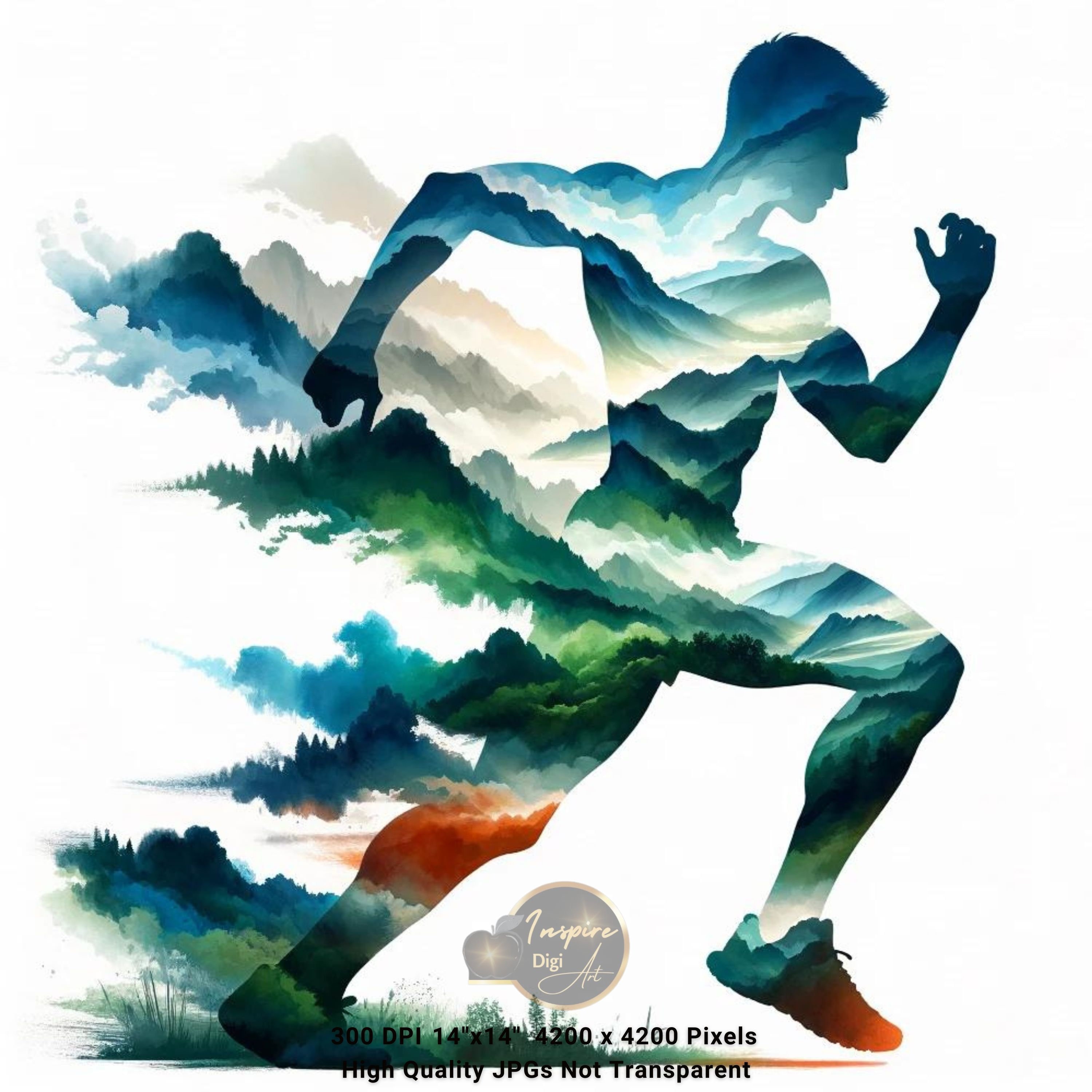 Running Man Clipart, Male Runner Silhouette, Watercolor Landscape Art ...