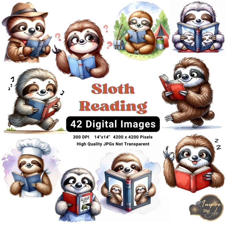 Sloth Reading a Book, Baby Animal Book, Bookworm Clipart, Watercolor ...