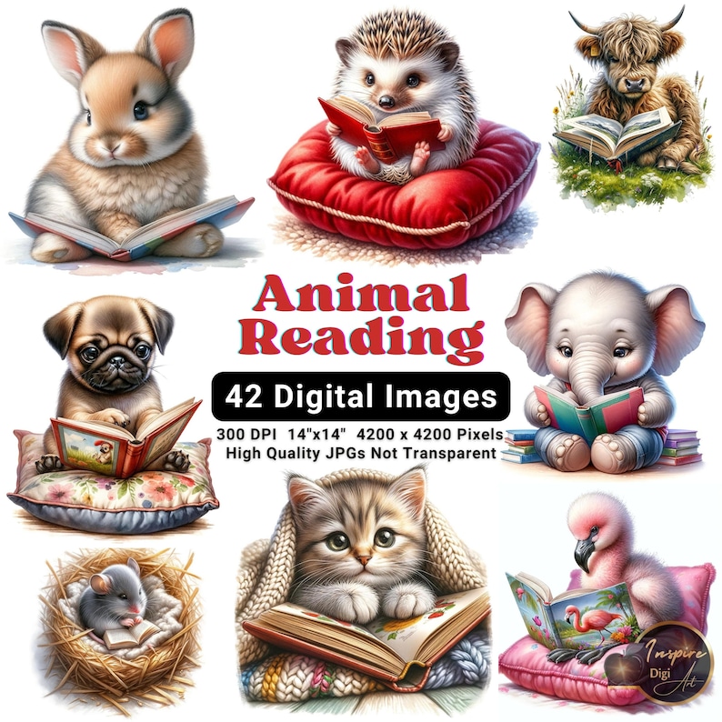 Animal Reading Clipart, Bookworm Clipart, Animals Reading Books, Baby ...
