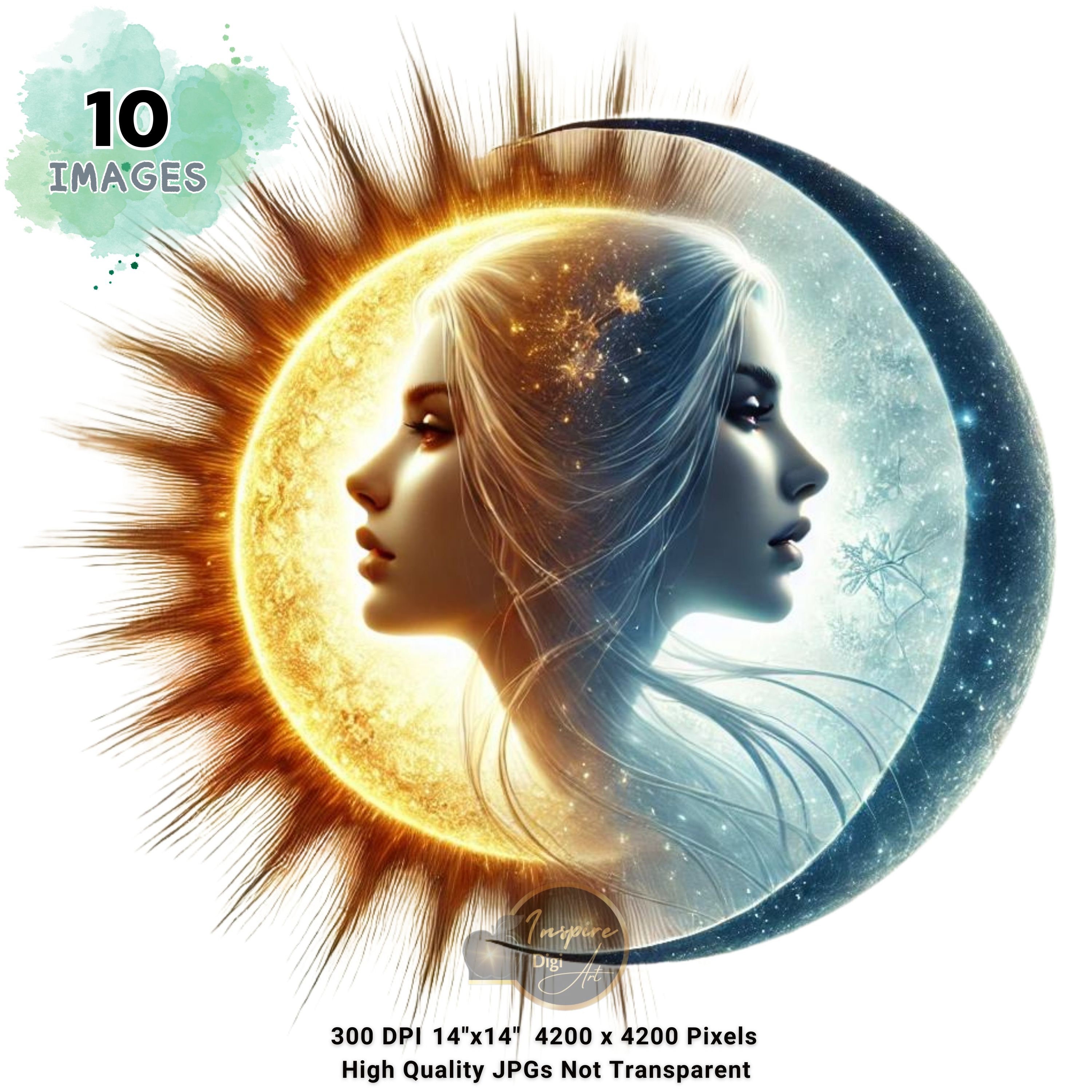Mystical Sun and Moon Clipart, Fantasy Magical Celestial Sun and Moon ...