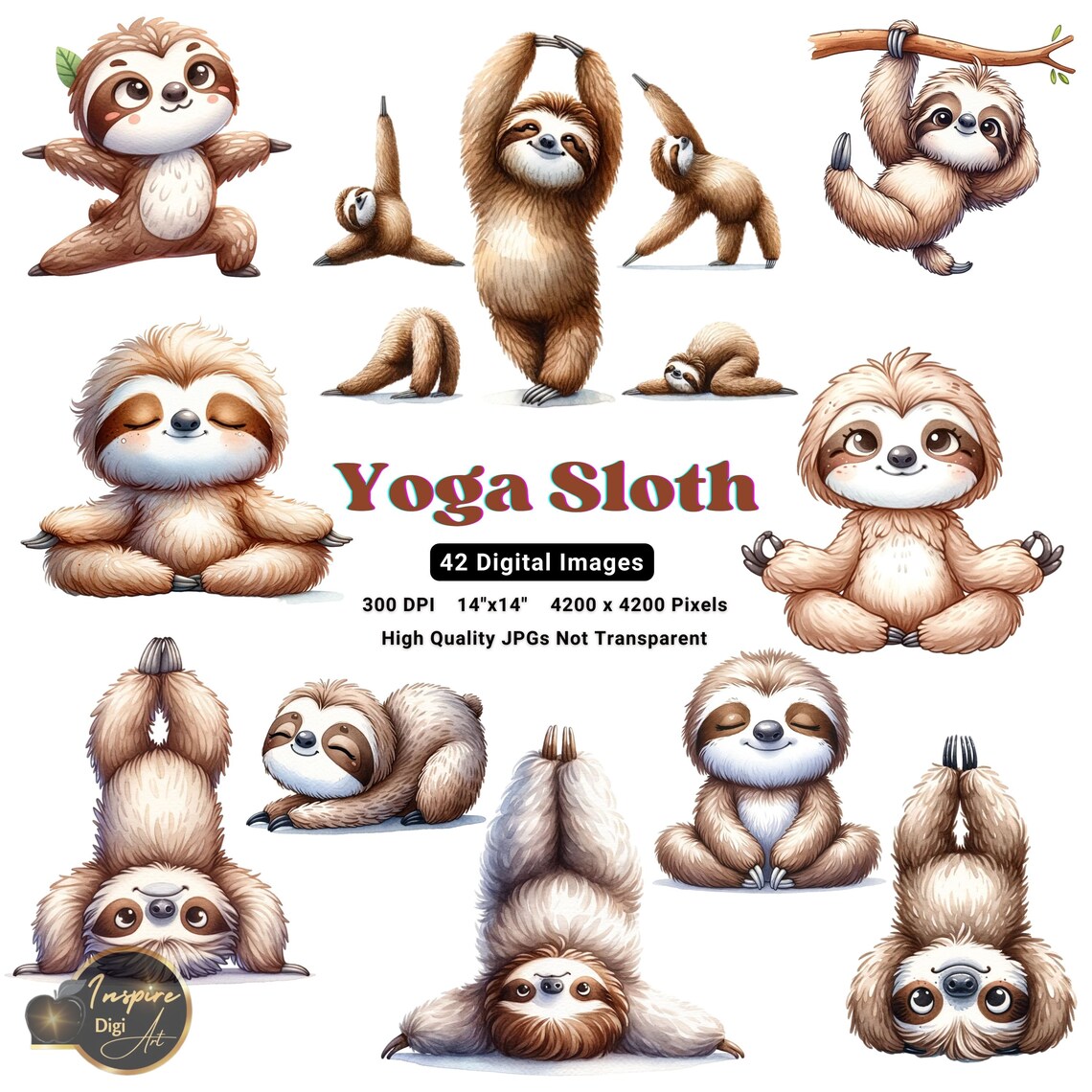 Yoga Sloth Poses, Animal Yoga Pose, Funny Sloth, Watercolor Sloth ...
