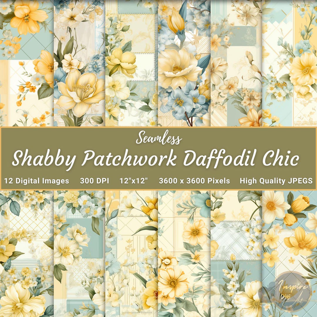 Daffodil Watercolor Patchwork Seamless Digital Paper, Shabby Floral Designs, Chic Vintage Flower ...