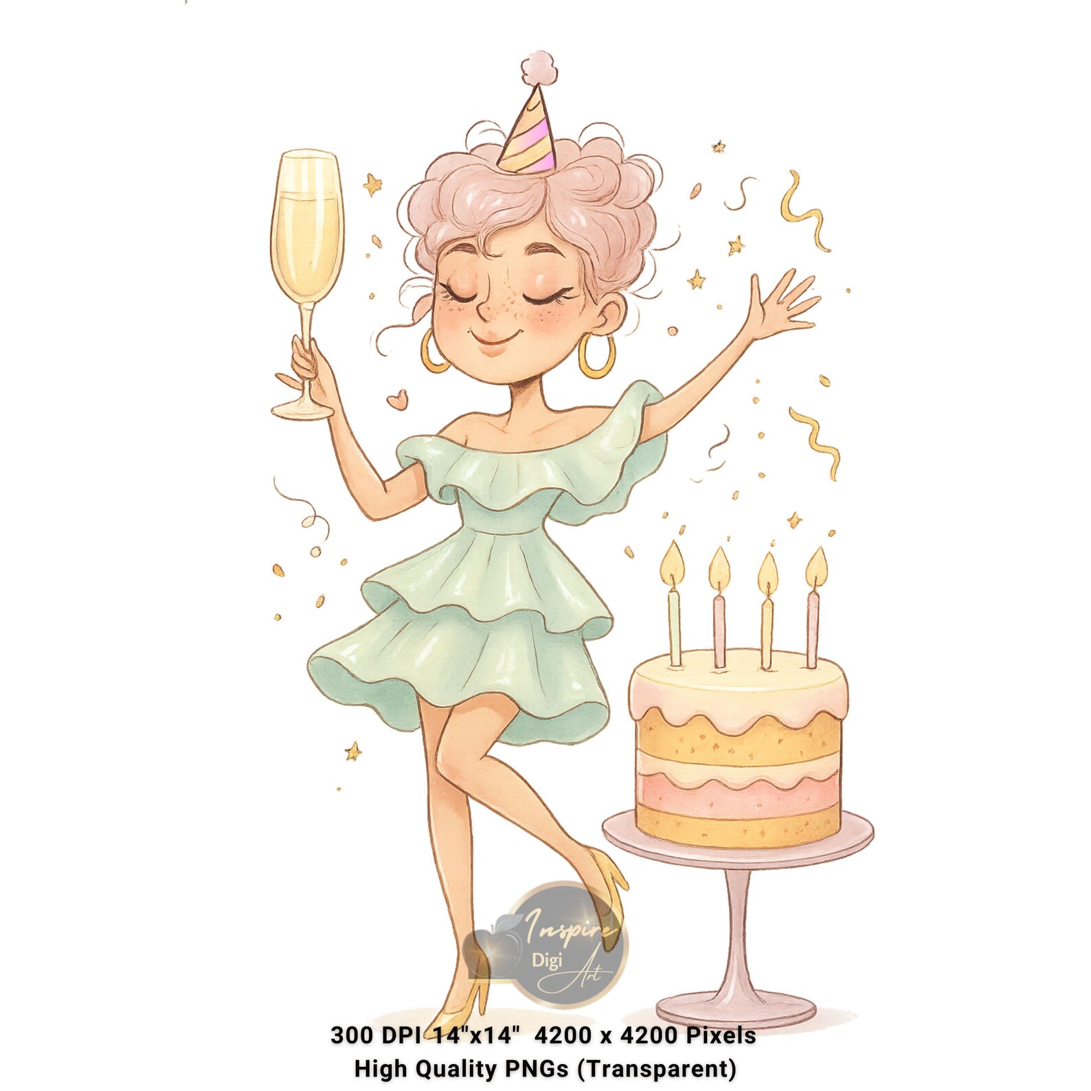 Pastel Birthday Girl Clipart: Watercolor PNG Illustrations (digital ...