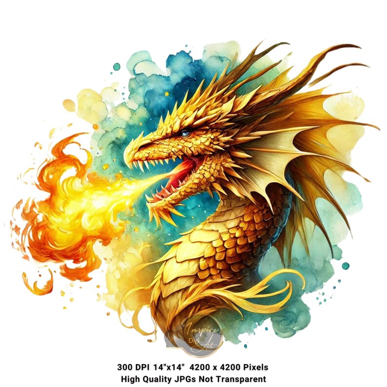 Mystical Fire Dragon Clipart, Fantasy Fire Dragons Watercolor Clipart ...