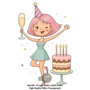 Pastel Birthday Girl Clipart: Watercolor PNG Illustrations (digital ...
