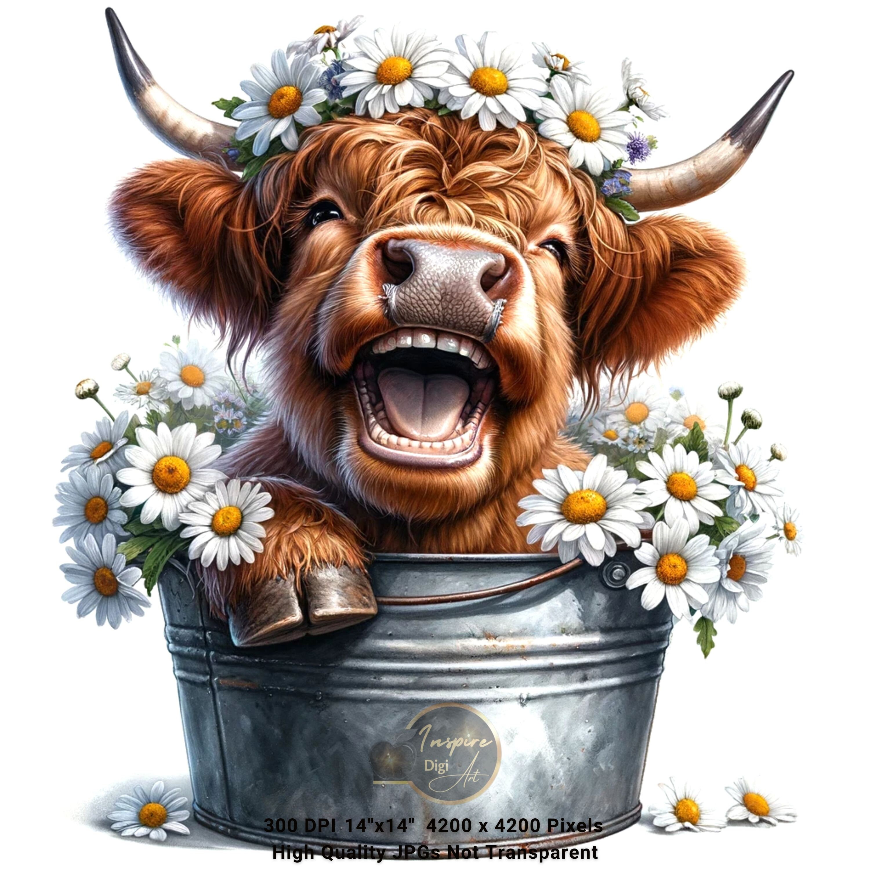 Highland Cow Bucket, Funny Highland Cow Clipart, Watercolor Whimsical ...