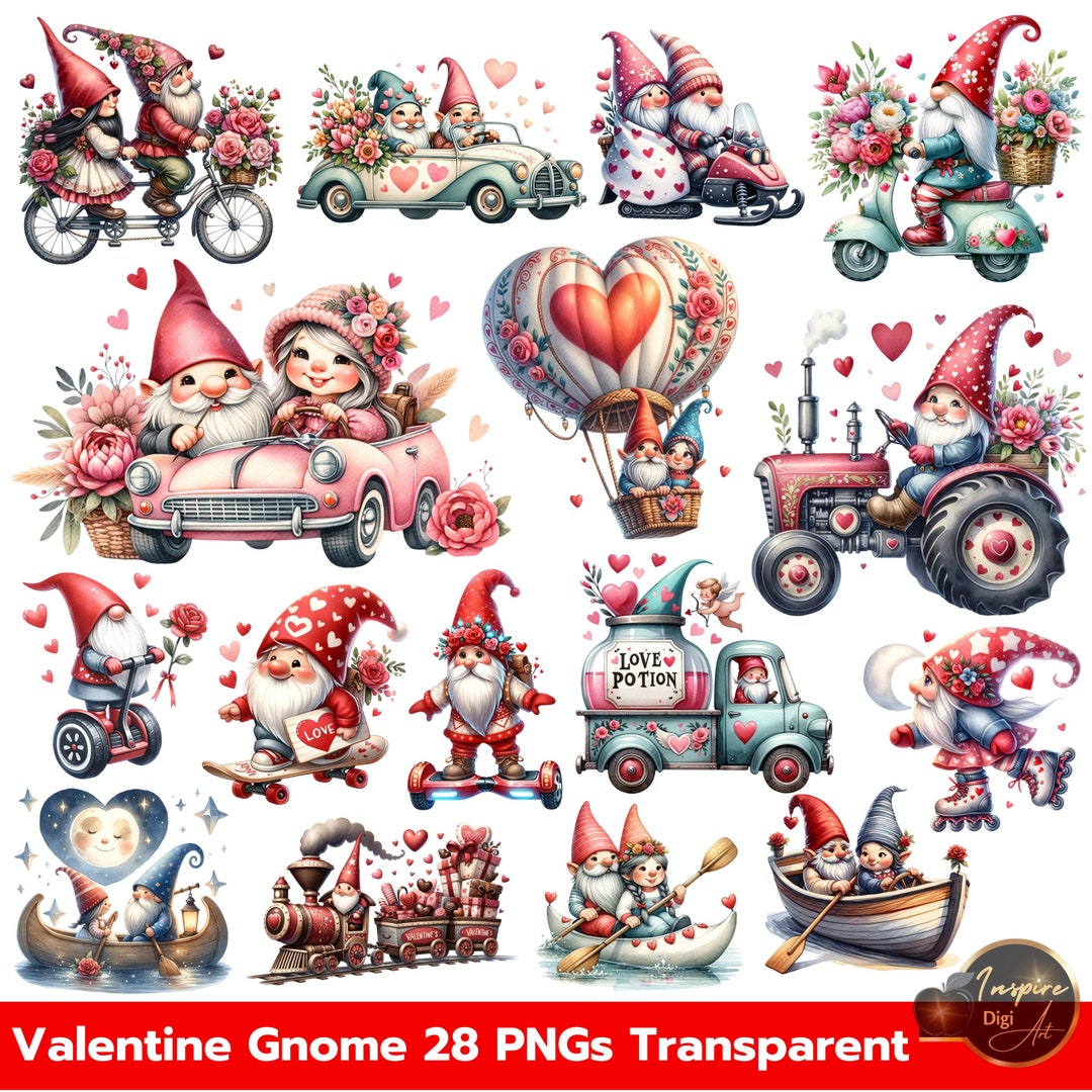 Gnome Vehicle Valentine, Watercolor Gnome Valentine Day, Gnome Couple ...