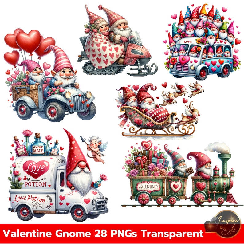 Gnome Vehicle Valentine, Watercolor Gnome Valentine Day, Gnome Couple ...