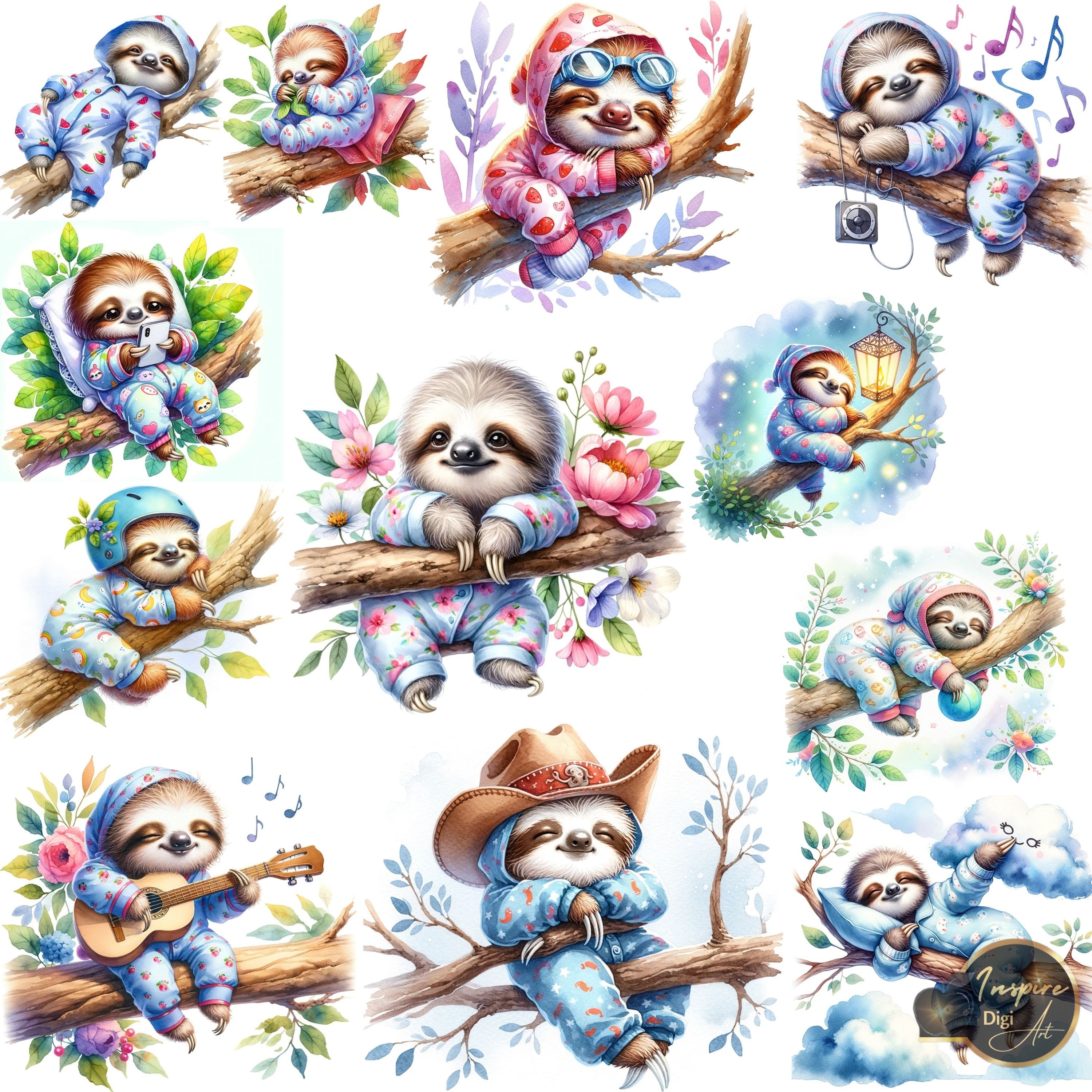 Adorable Baby Sloth in Pajamas, Clipart Bundle, Watercolor Sloth ...