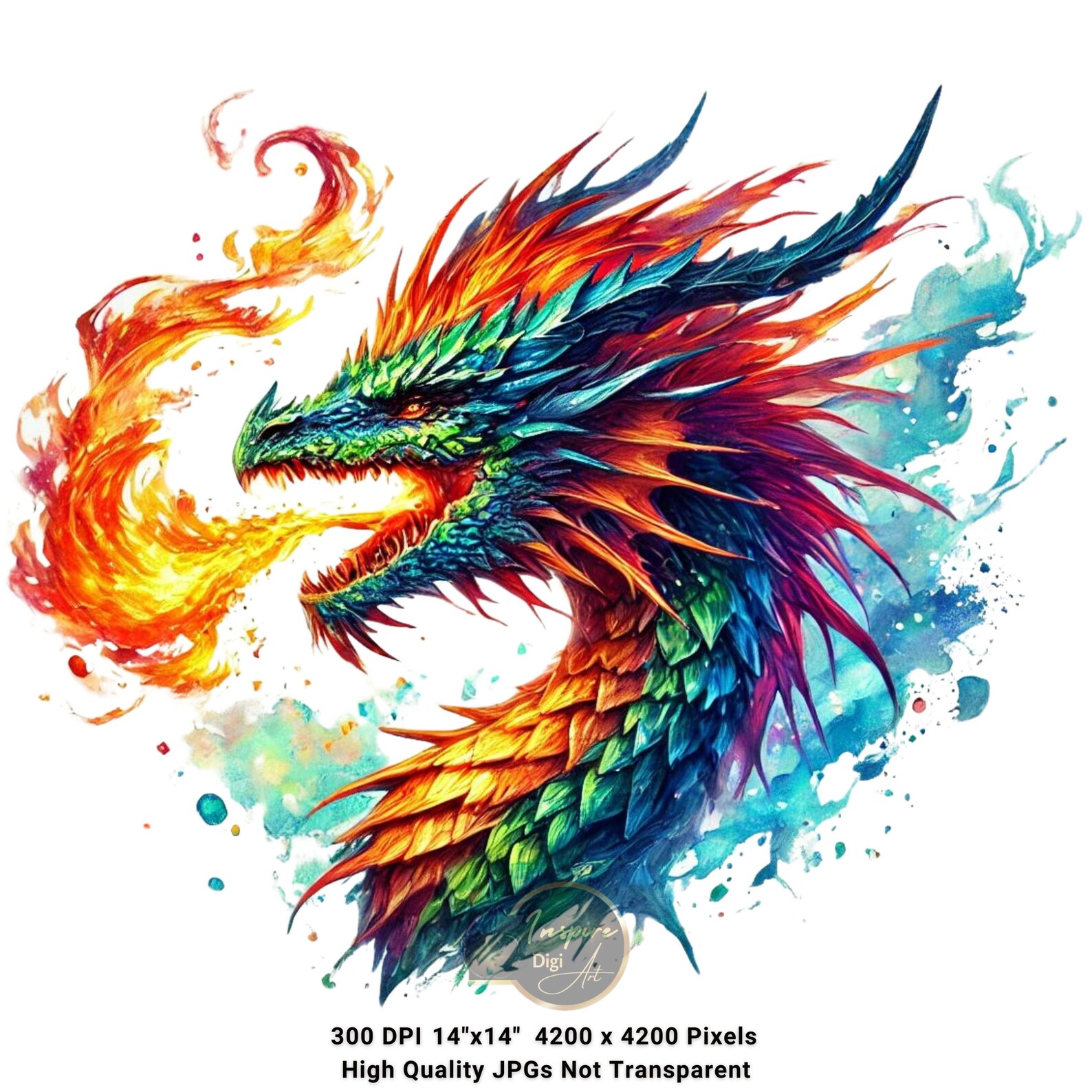 Mystical Fire Dragon Clipart, Fantasy Fire Dragons Watercolor Clipart ...