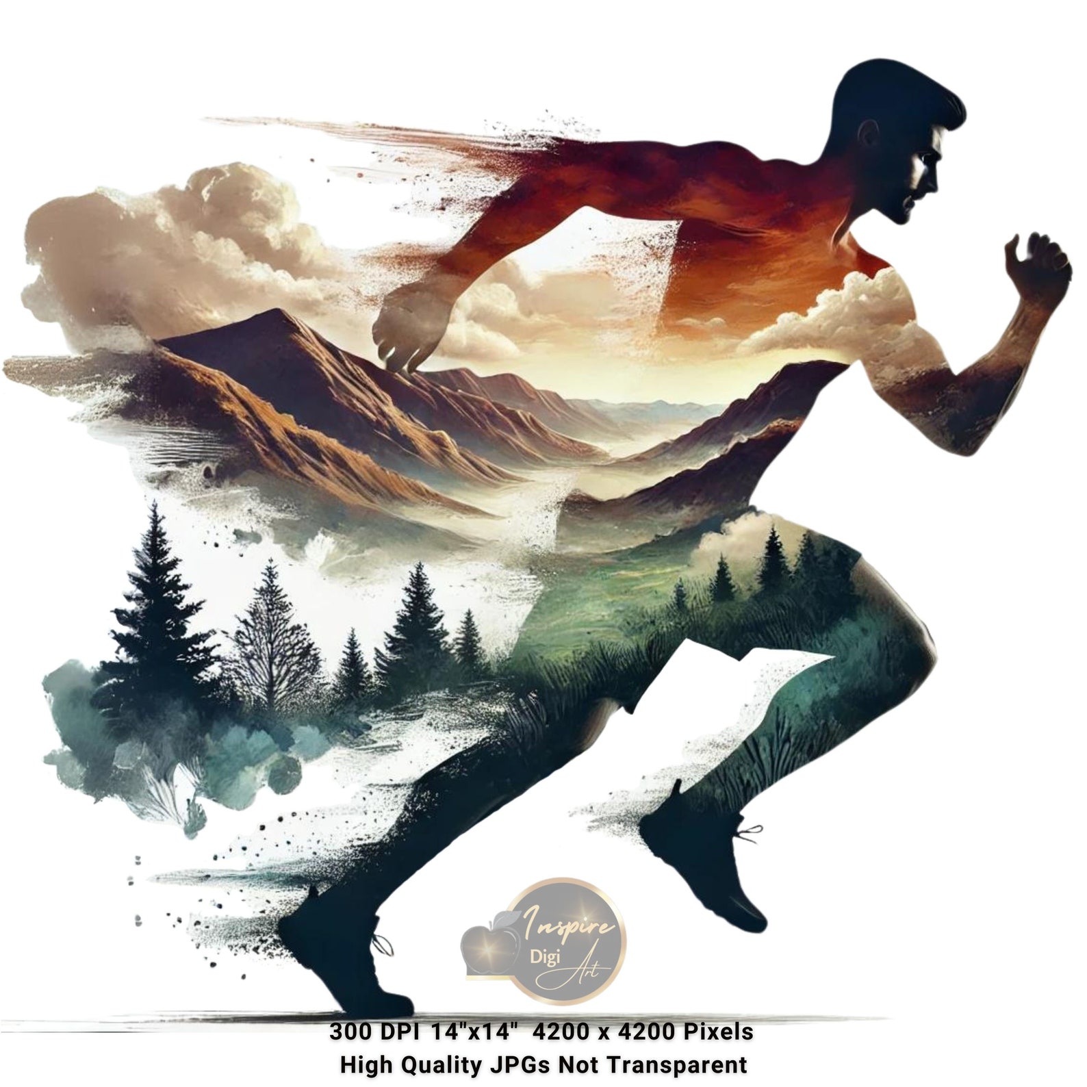 Running Man Clipart, Male Runner Silhouette, Watercolor Landscape Art ...