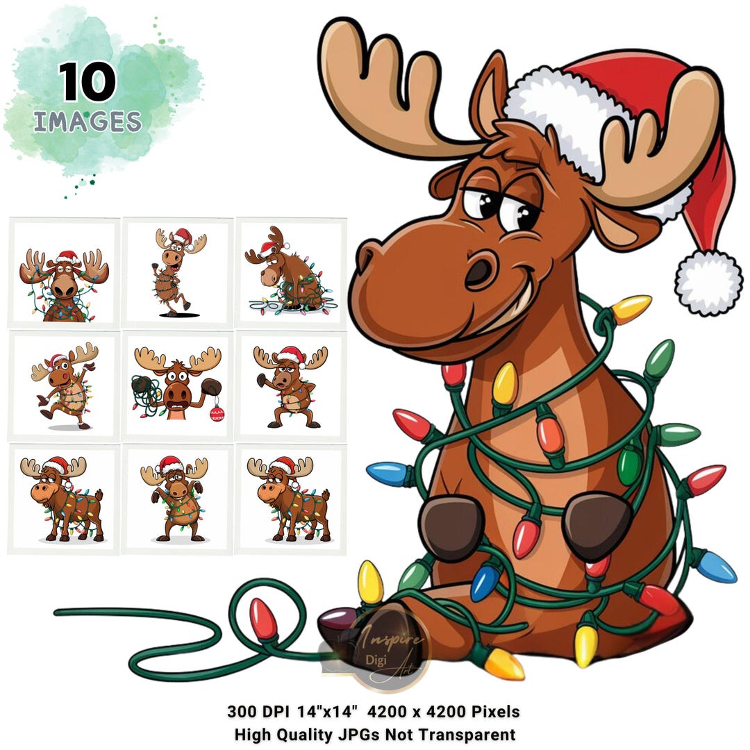 Moose Christmas Clipart, Moose Tangled in Christmas Lights, Funny Moose ...
