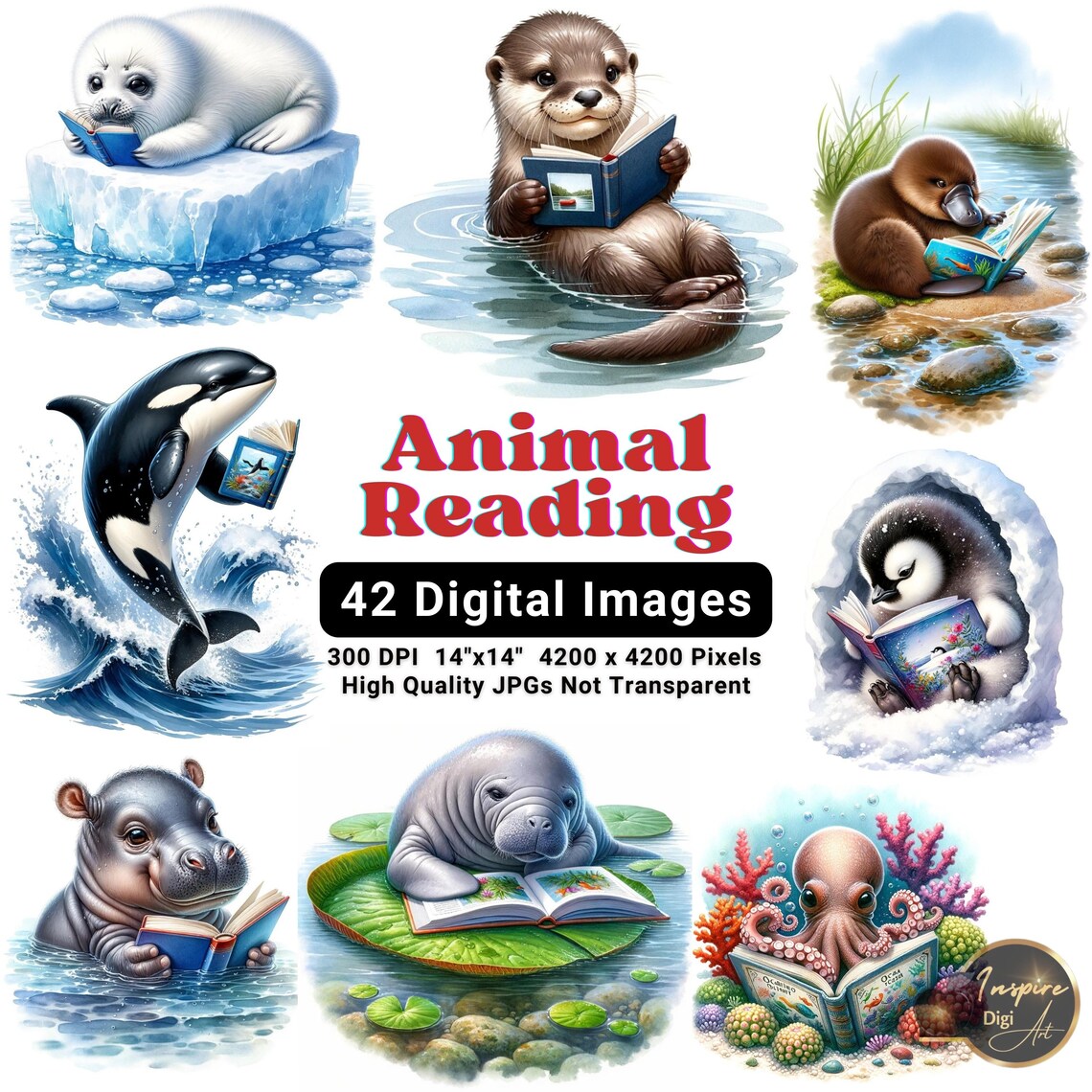 Animal Reading Clipart, Bookworm Clipart, Animals Reading Books, Baby ...