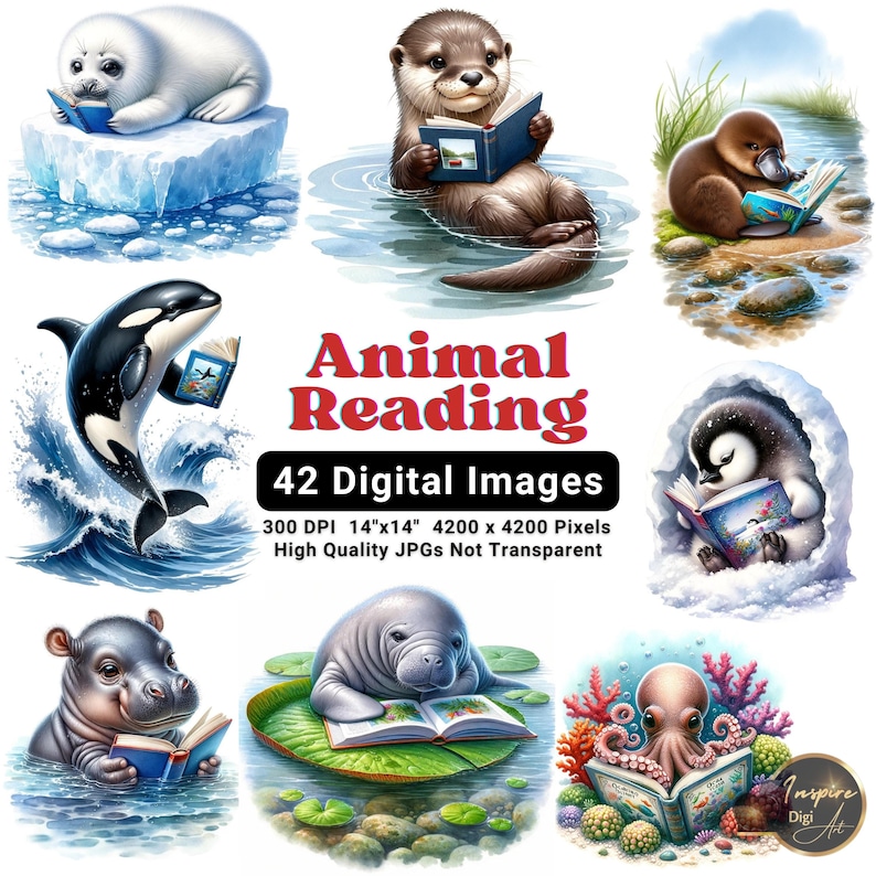 Animal Reading Clipart, Bookworm Clipart, Animals Reading Books, Baby ...