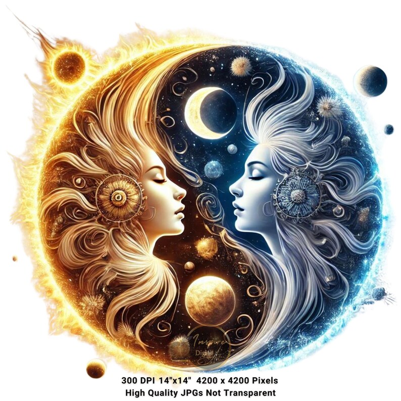 Mystical Sun and Moon Clipart, Fantasy Magical Celestial Sun and Moon ...