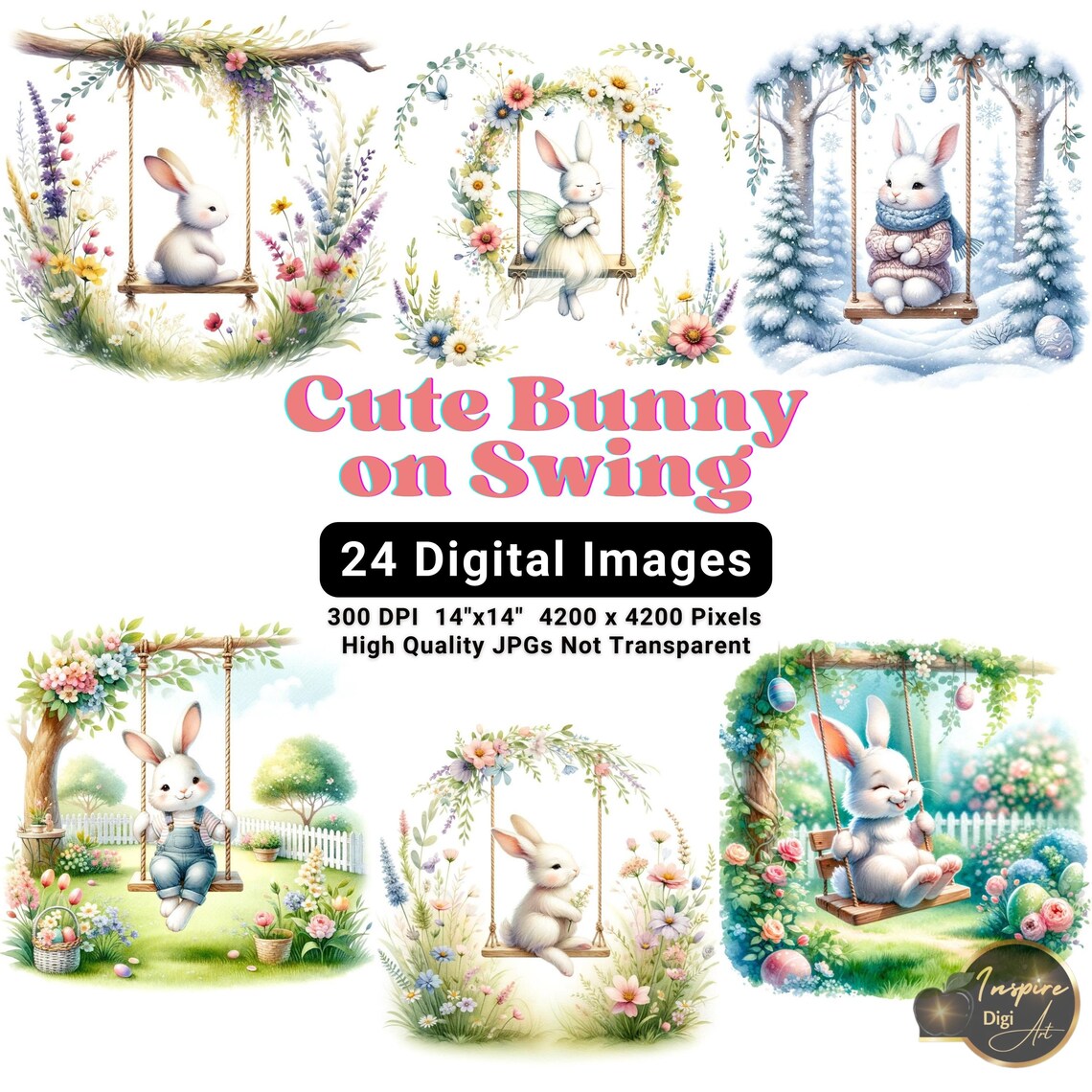Cute Bunny on Swing Watercolor Clipart, Cute Bunny on Swing Digital ...