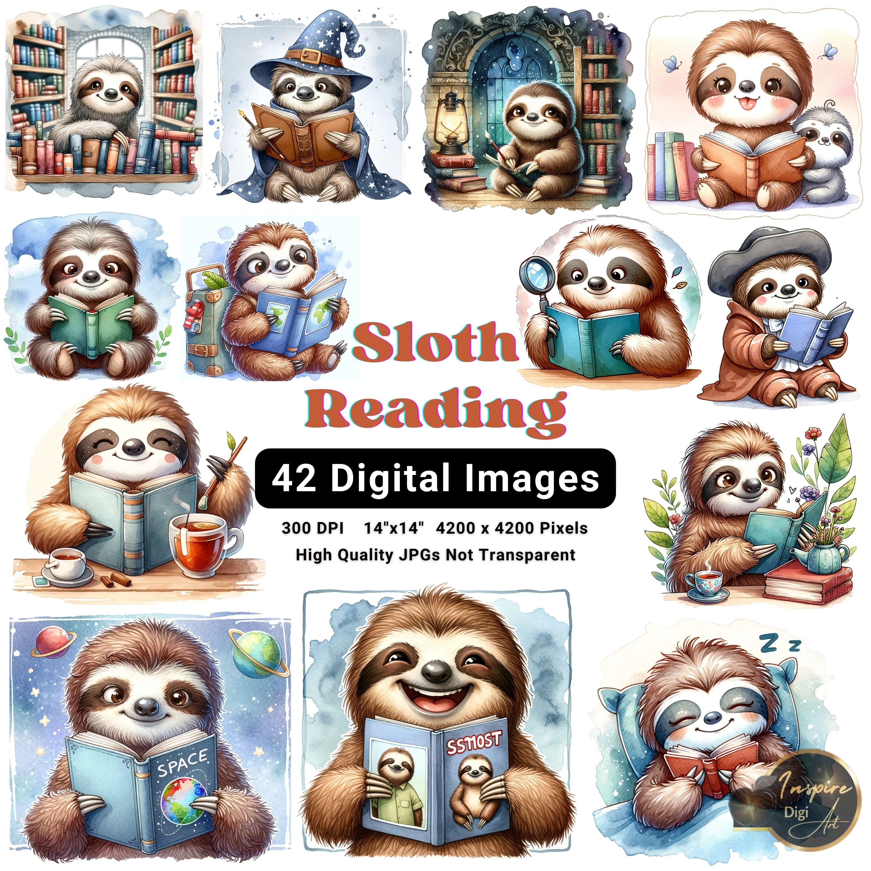 Sloth Reading a Book, Baby Animal Book, Bookworm Clipart, Watercolor ...