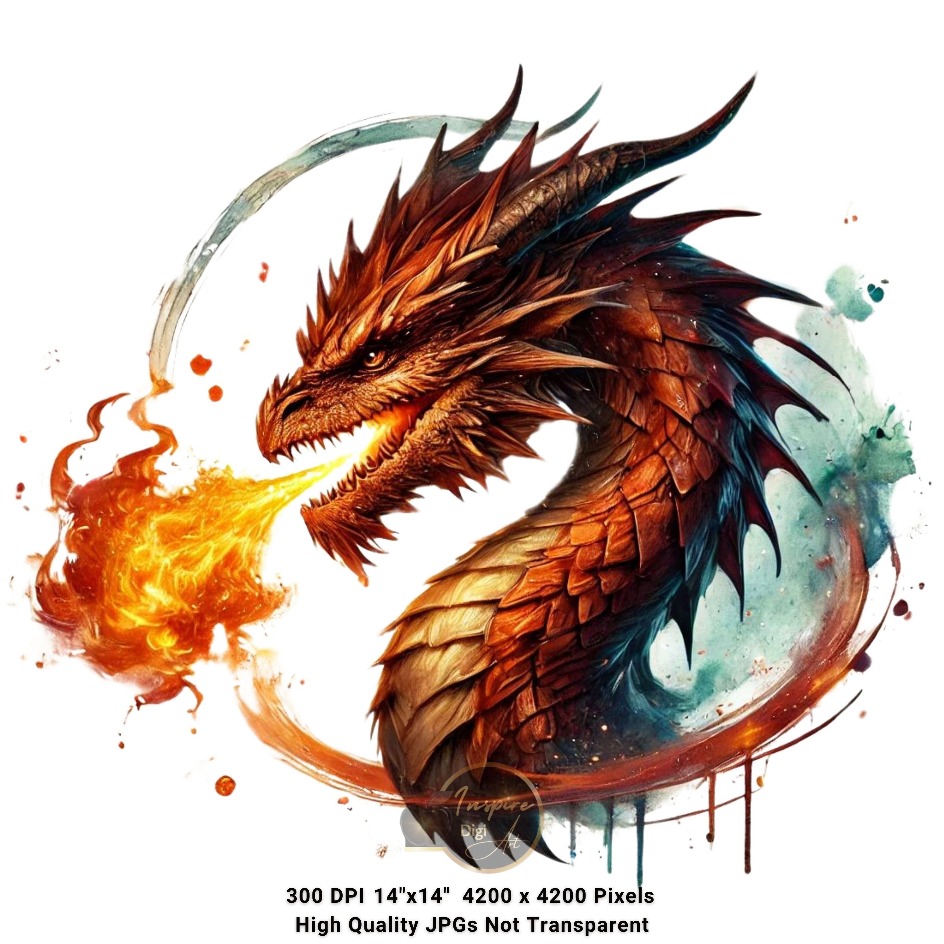 Mystical Fire Dragon Clipart, Fantasy Fire Dragons Watercolor Clipart ...