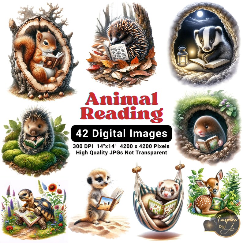 Animal Reading Clipart, Bookworm Clipart, Animals Reading Books, Baby ...