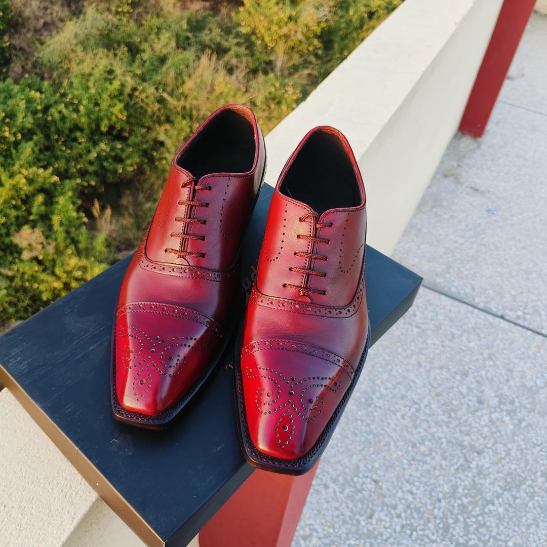 Burgundy Cuban Heeled Oxfords With Goodyear Welt & Bevelled Spade Sole ...