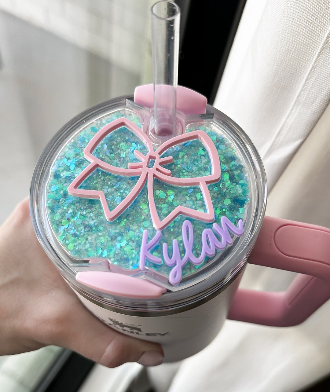 Glitter Filled Cheer Bow Stanley Lid Topper, Custom Name Plate ...